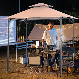 Warmally 8'x5' Grill Gazebo Canopy, Outdoor BBQ Gazebo with Hooks, Bottle Opener and 2 Led Lights, Double Tiered Patio Shelter Tent for Barbecues and Picnics (Beige, Straight Top)