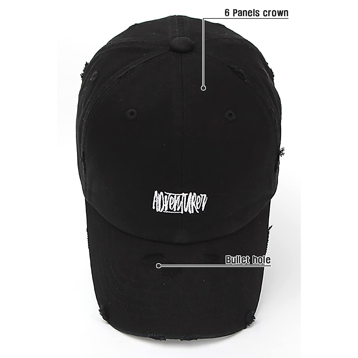 Flipper Adventurer Logo Washed Cotton Vintage Bullet Holes Distressed Baseball Cap Dad Hat Ballcap (Medium ~ Large, Black)