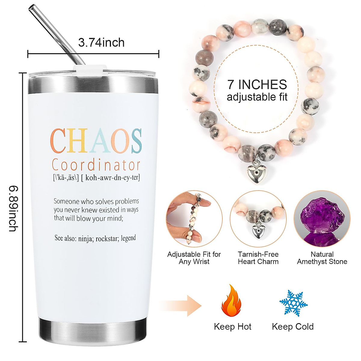 10 Pieces Chaos Coordinator Gifts Set: Thank You Gifts 20 OZ Tumbler,Candle,Scrunchies Hair Tie,Bracelet,Makeup Bag,Socks,Greeting Card,Bath Sall Ball,Sleep Mask for for Women Coworkers Boss