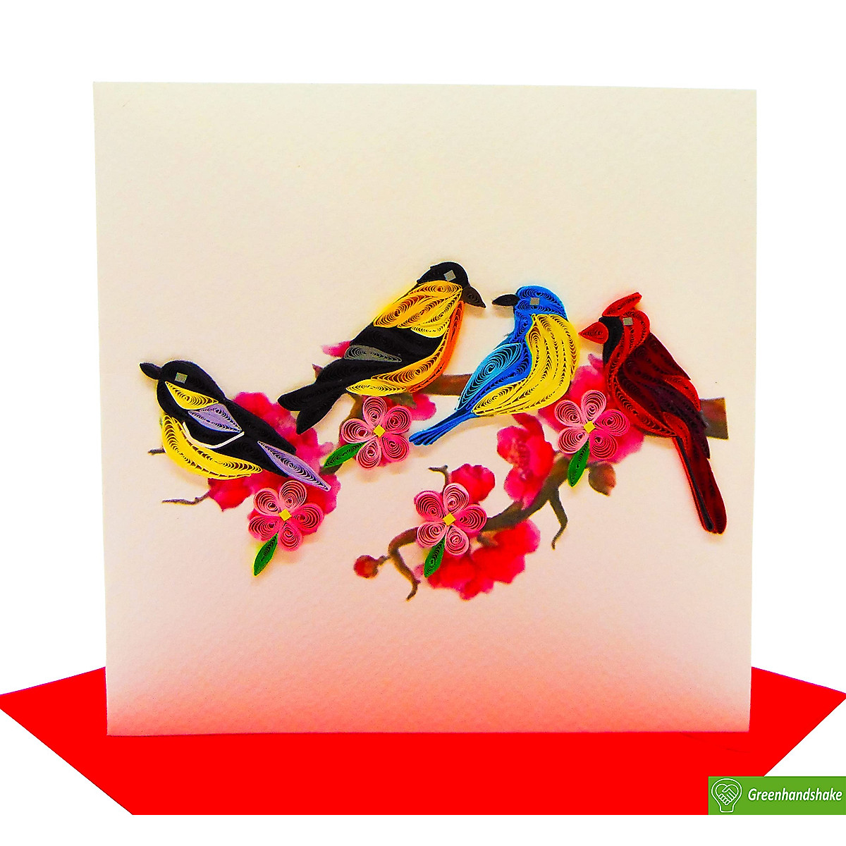 Four Colorful Birds sitting in a tree, Quilling Card 3D,Unique Dedicated Handmade, Design Greeting Card for Birthday, Valentine's Day, Mothers Day, Spring, Fathers Day, All Occasion,6"x6"