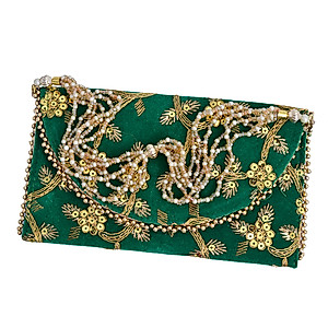 Truesellershop Indian Women's Stylish Zari Velvet Clutch Golden Embroidery Tote Bag Wrist Bag Purse Pearl Handle Evening Clutch Wedding Purse for Girls (Green)