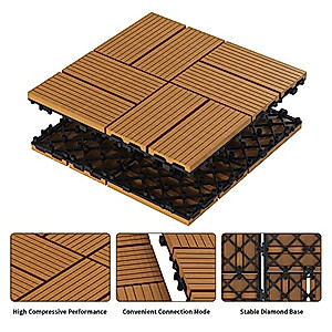 TONAHUTU 6PCS Interbuild Hardwood Interlocking Patio Deck Tiles, 12"x12" Wood Plastic Composite Tiles Outdoor Flooring for Patio Garden Deck Poolside Click Floor Decking Tile - Teak