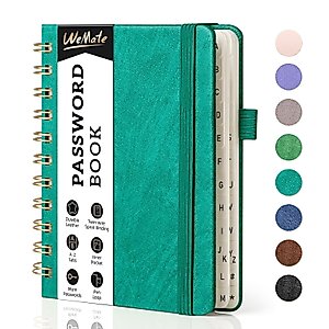 WEMATE Password Book with Alphabetical Tabs, Spiral Password Keeper Book for Seniors, Internet Password Notebook Password Journal Logbook Log in Detail, Small – 4.7''x 6'' (Teal)