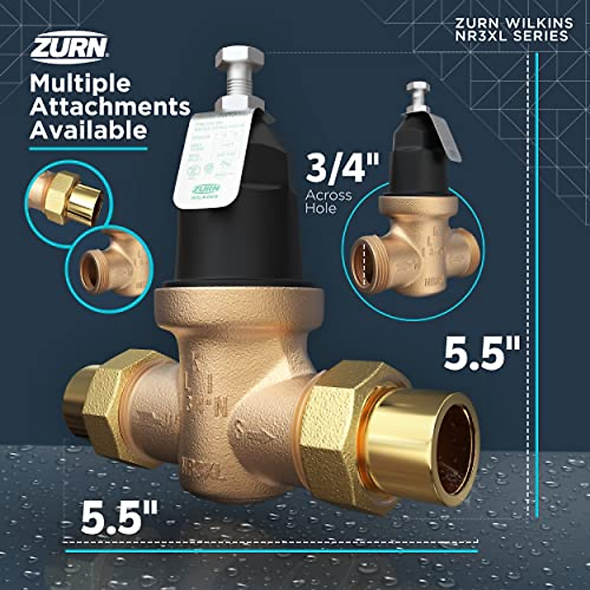Zurn Wilkins 34-NR3XLDU 3/4" NR3XL Pressure Reducing Valve with Double Union FNPT Connection