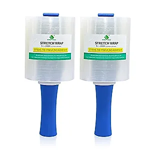2 Pack Stretch Wrap Film with Plastic Handle, 80 Gauge Thick, 5 Inch x 1000 Ft, Clear Plastic Pallet Shrink Film for Moving Supplies Self-Adhering Plastic Wrap Film, BOMEI PACK