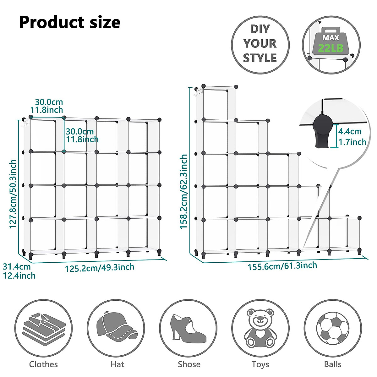 DINMO 16 Cubes Storage Organizer, Bookcase, Display Shelf with Wooden Mallet, Cabinet Storage for Kids, Adult, Office, Bedroom, Bathroom, White