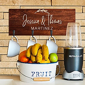 Personalized Wood Coffee Mug Holder w/Name & Text - 7"x18" - Customized Wall Mounted Cup Hooks for Kitchen Decor Gifts - Custom Glass Rack Organizer Wooden Sign Hanger - Kitchen Hanging Organizers C1