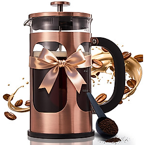 BAYKA French Press Coffee Maker, Glass Classic Copper 304 Stainless Steel Coffee Press, Cold Brew Heat Resistant Thickened Borosilicate Coffee Pot for Camping Travel Gifts, 34 Ounce