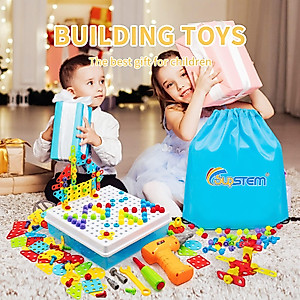 SUPSTEM Creative Toys for Kids 4-8, Mosaic Drill Set with Screwdriver Tool Playset, Electric Drill Toy with Rainbow Fasteners, Premium STEM Building Set for Ages 3+