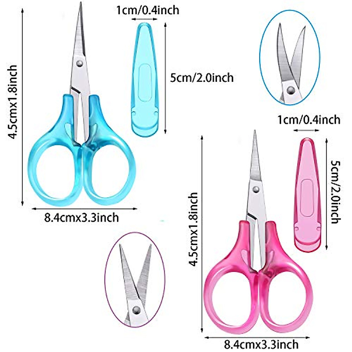 Detail Craft Scissors Set Stainless Steel Scissors Straight Tip Scissors Curved Tip Scissors with Protective Cover for Facial Hair Trimming, Sewing, Crafting, DIY Projects (6 Pieces)