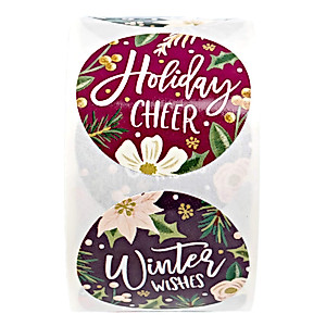 Bold Floral Holiday Stickers / 500 Modern Poinsettia Winter Stickers / 6 Alternating Vibrant Christmas Envelope Seals / 1.5" Round Labels