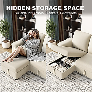 YESHOMY Sleeper L-Shaped Couch Sofa Bed Convertible Sectional Pull Out Couches,with Storage Space,for Living Room,Corduroy(Light Beige)