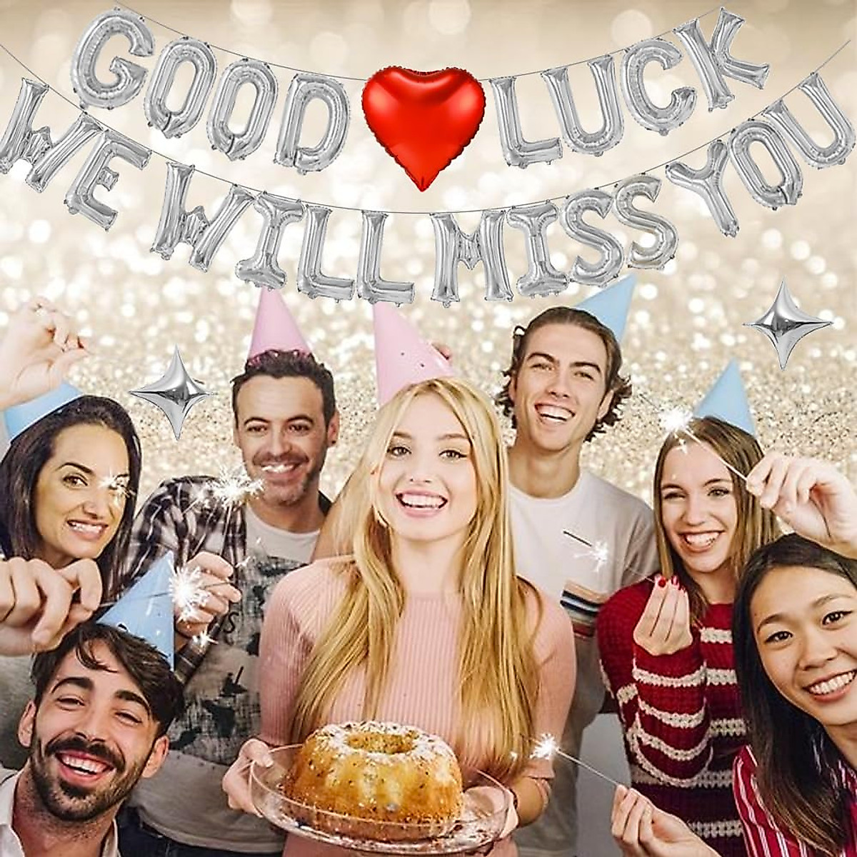 Good Luck We Will Miss You Silver Letter Balloons, Big 16 Inch Foil Balloons with Star&Red Heart Farewell Party Decorations for Retirement Coworker Leaving Going Away Goodbye Graduation Party Decor