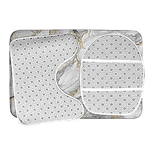 Wondertify White Marble Bathroom Antiskid Pad Fashion Marbling Granite Stone 3 Pieces Bathroom Rugs Set, Bath Mat+Contour+Toilet Lid Cover Gold Black Gray