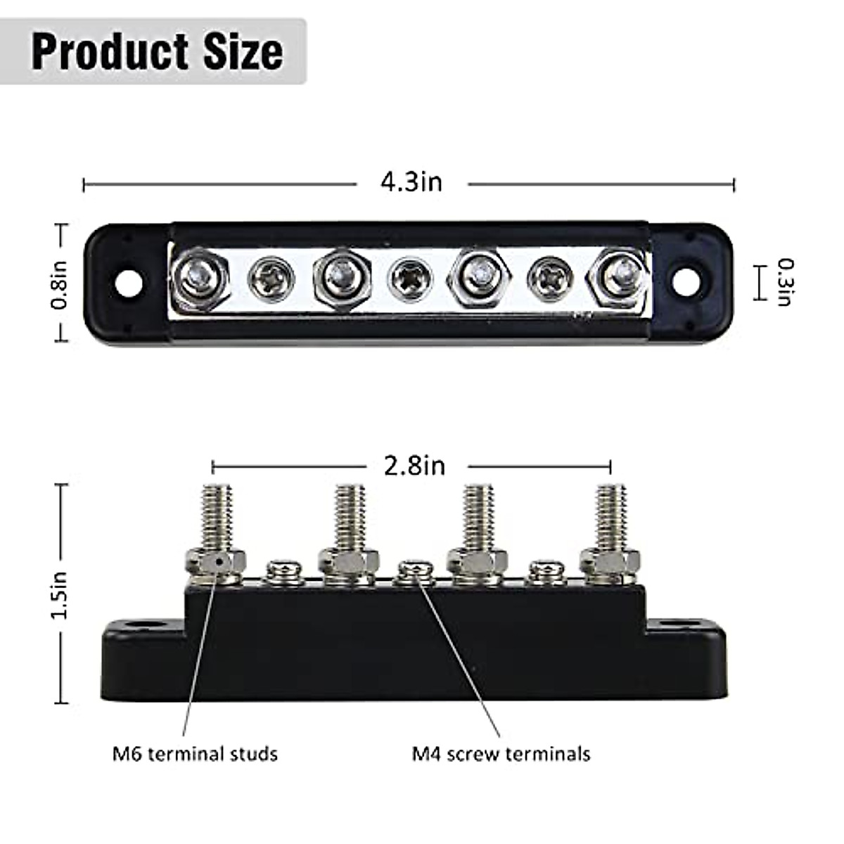 Bus Bar Battery Power Distribution Block, 4 X M6 Terminal Studs, 3 X M4 Terminal Screws, Battery Bus Bar for Car Marine Pickup Trailer RV Boat