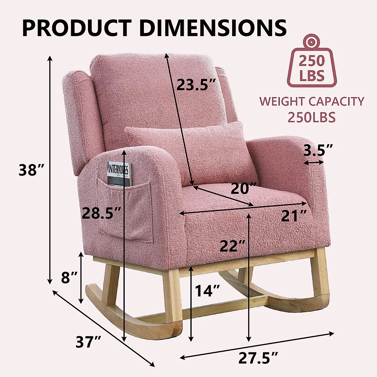 NIOIIKIT Nursery Rocking Chair, Modern High Back Armchair with Side Pockets, Glider Rocker with Padded Seat, Lumbar Pillow and Wood Base, Accent Chair for Living Room, Bedroom (Pink Teddy)