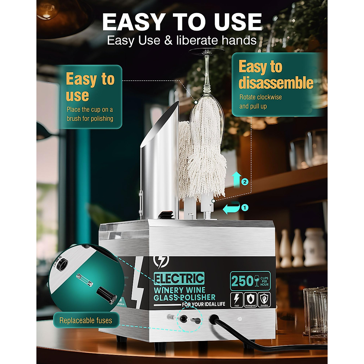 WantJoin Wine Glass Polisher Machine - 2 Brushes 250 Cups/Hour Commercial Electric Automatic Dryer with 304 Stainless Steel, 100% Cotton, 1150W High Power, 140°F Air Drying for Bar Restaurant Kitchen