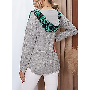 Womens Winter Cute Button Collar Patchwork Color Block Long Sleeve Knit Stitching Drawstring Hoodies Hooded Sweatshirts Women Pullover Casual Fashion Tops Green X-Large