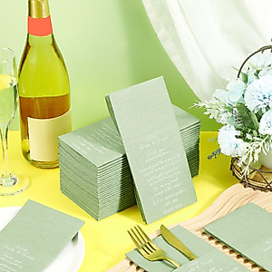 Tatuo 100 Pack Sage Green Napkins Disposable Linen Feel Dinner Napkins with Built in Flatware Pocket Sage Green Paper Napkins for Wedding Dinner Lunch Kitchen Birthday Party Favors