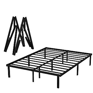 Flolinda Foldable Full Size Bed Frame Metal Platform Bed Sturdy Full Bed Frame 10 Minutes Quick Assembly Steel Slats 11 Legs Support No Box Spring Needed Noise-Free 14inch Black