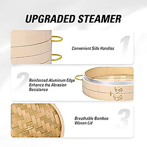 MacaRio Bamboo Steamer Basket Set 10 inch Steamer for Cooking, with Side Handles Chopsticks Ceramic Sauce Dishes Paper Liners, for Dim Sum Dumplings Buns Seafoods Rice Asian Foods