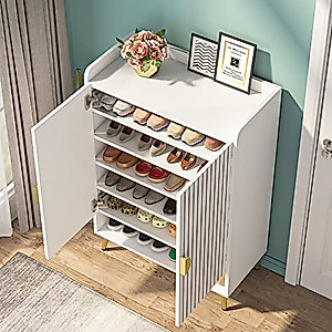 Tribesigns Shoe Cabinet with Doors, 7-Tier Shoe Storage Cabinet with Adjustable Shelves, Wooden Shoes Rack Shoe Storage Organizer for Entryway, Hallway, Closet, Living Room, Gold White