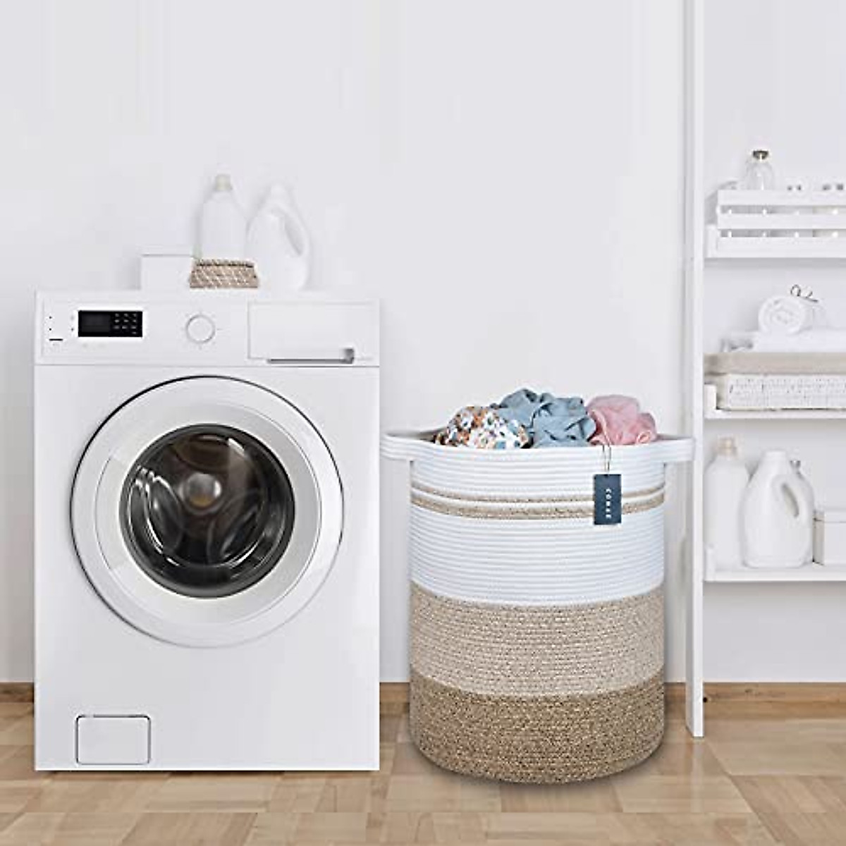 COMSE Extra Large Laundry Basket, Tall Blanket Basket, Laundry Hamper with Handles, 15.7”x 21.7”, Cotton Rope Basket, Woven Laundry Basket, Toy Basket, Clothes Baskets,Woven Basket,Gradient Brown