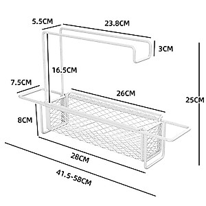 LIFOND Kitchen Sink Caddy Telescopic Sink Storage Rack Expandable Carbon Steel Sink Caddy Organizer with Towel Bar Under Sink Organiser Adjustable Sponge Holder Brush Soap Drainer Rack,White