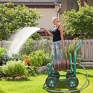 AESRAOU Industrial Hose Reel Cart - Garden Heavy Duty Hose Reel with 4 Rubber Wheels, Holds 328-Feet of 5/8" Hose Capacity for Outside Garden & Yard