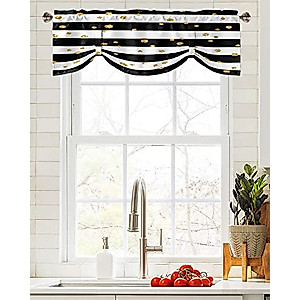 Livencher Tie-Up Valance Curtains for Window - Black and White Stripe Gold Polka Dot Kitchen Valance - Light Filtering Valance Curtains Short Curtains with Adjustable Tie 42"x12"