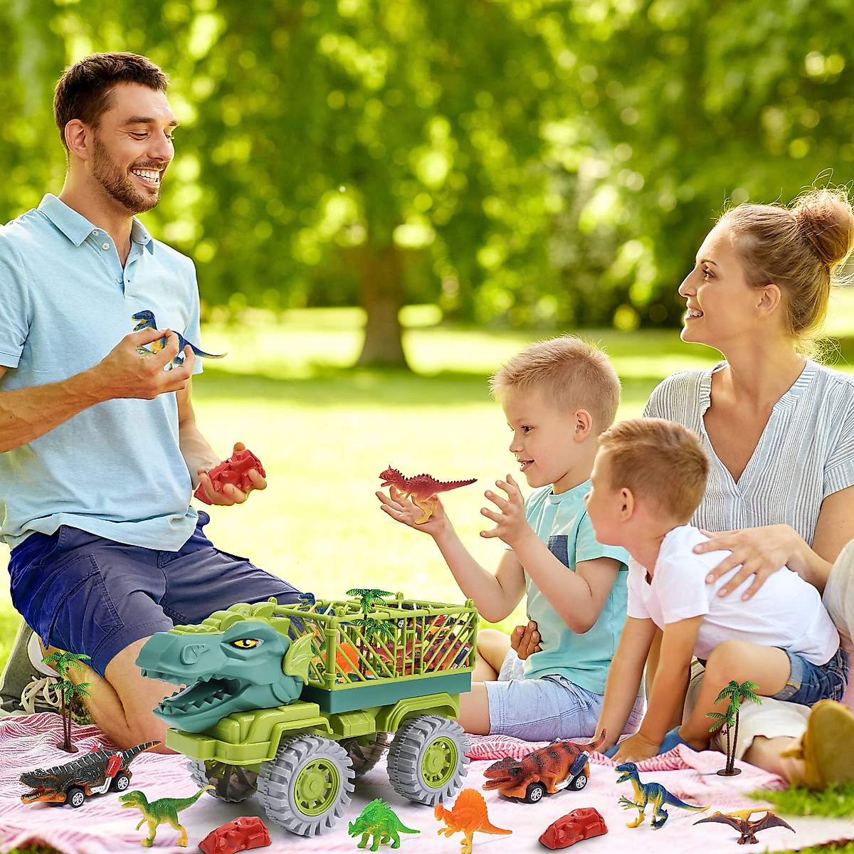 skirtoy Dinosaur Toys for Kids, Dinosaur Transport Truck with Activity Playmat, 2 Friction Powered Vehicles, 4 Colorful Dinosaur Figures, Small Dino Carrier Cars Birthday Gift for Children Age 3-5-7