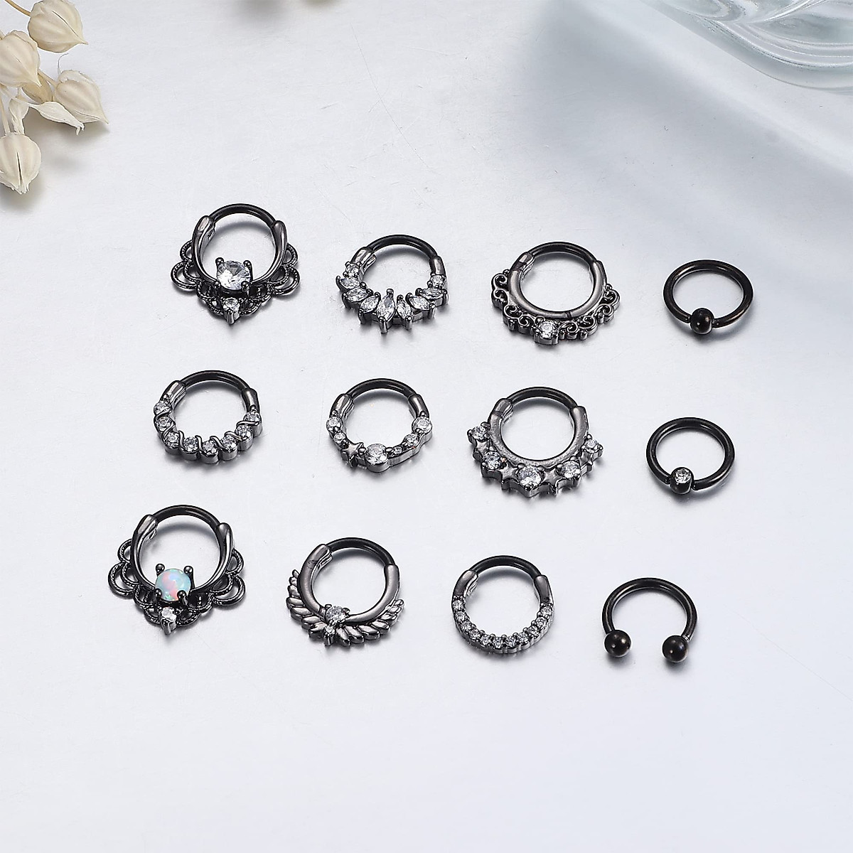 Ubjuliwa 12pcs Septum Jewelry 16g Daith Earrings Hinged Hoop Nose Rings Septum Clicker Cz Stainless Steel Cartilage Earring Helix Tragus Daith Piercing Jewelry 8mm Black