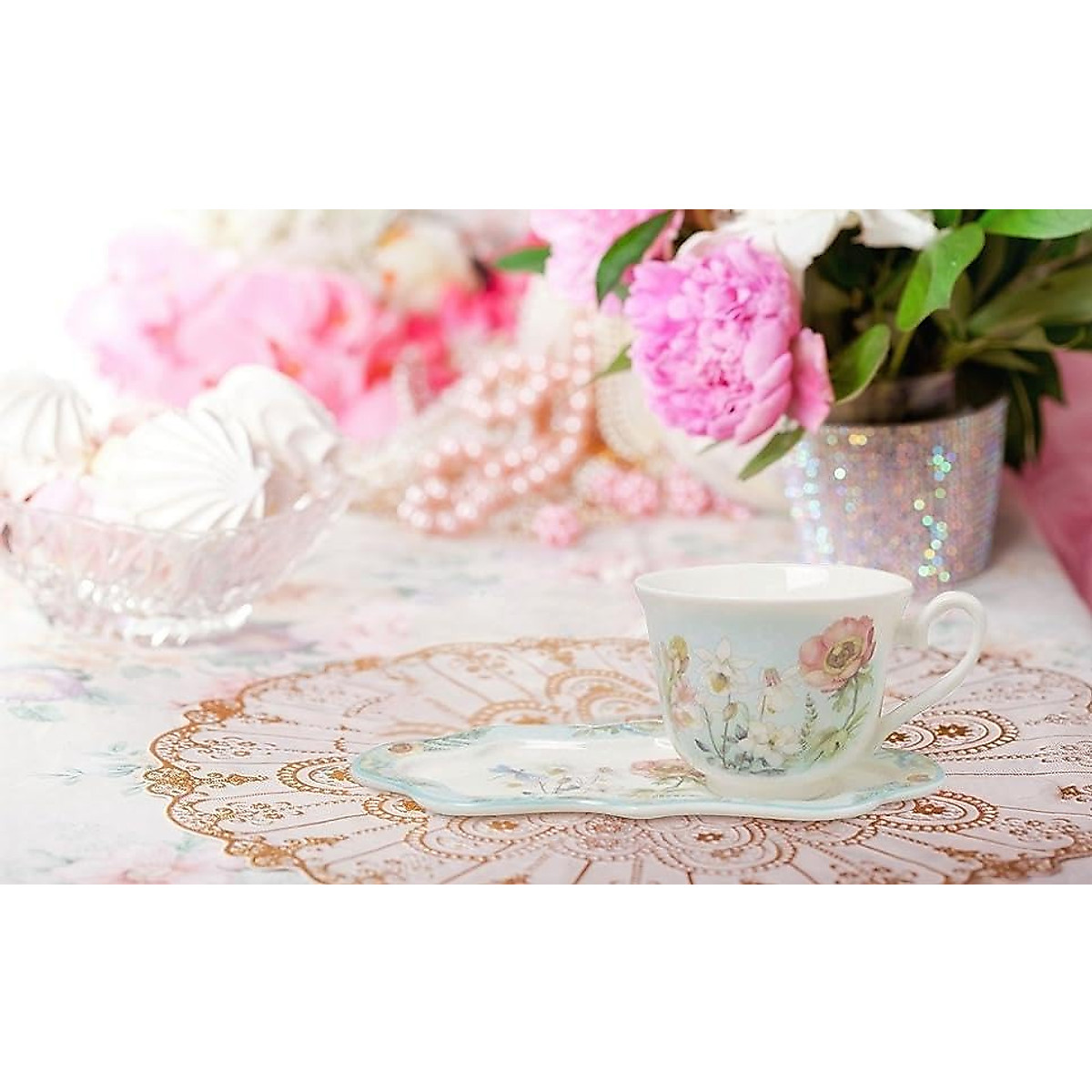 Lightahead® New Bone China Unique Tea Coffee Cup 10 oz and Snack Saucer Set in a Reusable Handmade Gift Box with Ribbon elegant floral design in attractive gift box