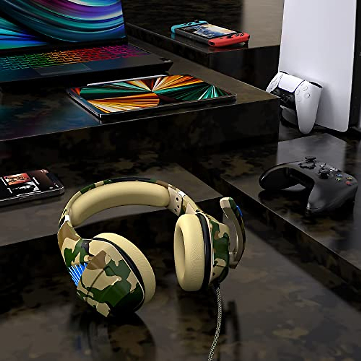 Tatybo Gaming Headset for PS5 PS4 Xbox ONE Switch PC with Noise Cancelling Over-Ear Stereo Bass Surround Sound Gaming Headphone -Camo