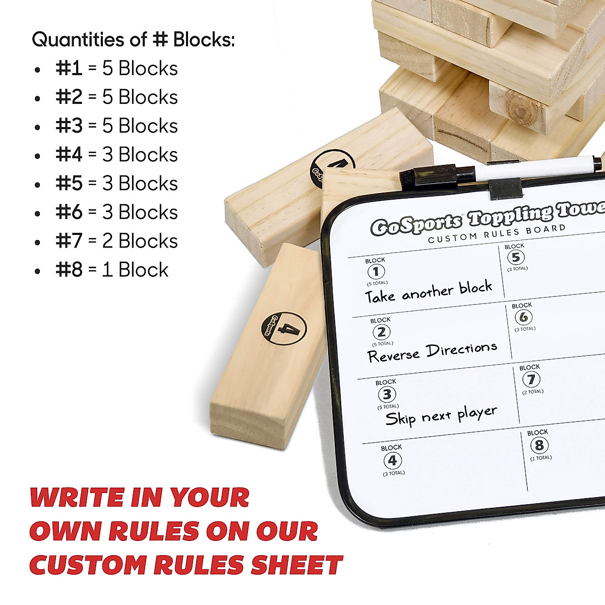 GoSports Large Wooden Toppling Tower - Stacks Up to 3 ft - Natural Wood