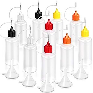 Fandamei 10 PCS Precision Tip Applicator Bottle, 5 Color Glue Applicator Bottle with 5PCS Mini Funnel, 30ml/1 Ounce Fine Needle Tip Squeeze Bottle for Alcohol Ink DIY Quilling Craft Acrylic Painting