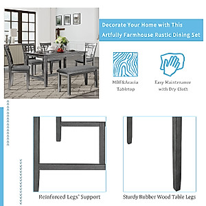 LUMISOL 6 Piece Dining Room Table Set with Bench and Chairs Upholstered Seating, Solid Wood Kitchen Dining Furniture Set Farmhouse Style