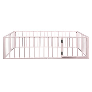 Harper & Bright Designs Queen Metal Floor Bed Frame with Rails, Queen Montessori Floor Bed with Fence and Door, for Kids Girls Boys (Queen Size, Pink)
