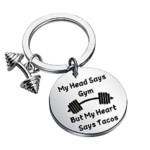 BEKECH Fitness Keychain Gym Keychain My Head Says Gym But My Heart Says Tacos Fitness Jewelry Fitness Lover Workout Gift Bodybuilding Gift (silver)