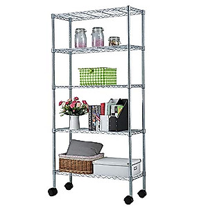 Baisha 5 Tier Rolling Storage Shelves Metal Wire Shelving Unit, Heavy Duty Commercial Grade Shelf, Height Adjustable Organizer Rack for Garage Kitchen Office, 36 L x 14 W 65 inch H (Chrome) (XM-206)