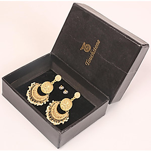 Touchstone Indian earrings for women jewelry jhumkas gold folklorico dangle bollywood wedding clip on gypsy chandbali chandelier aretes de charro navratri filigree accessories in antique gold tone.