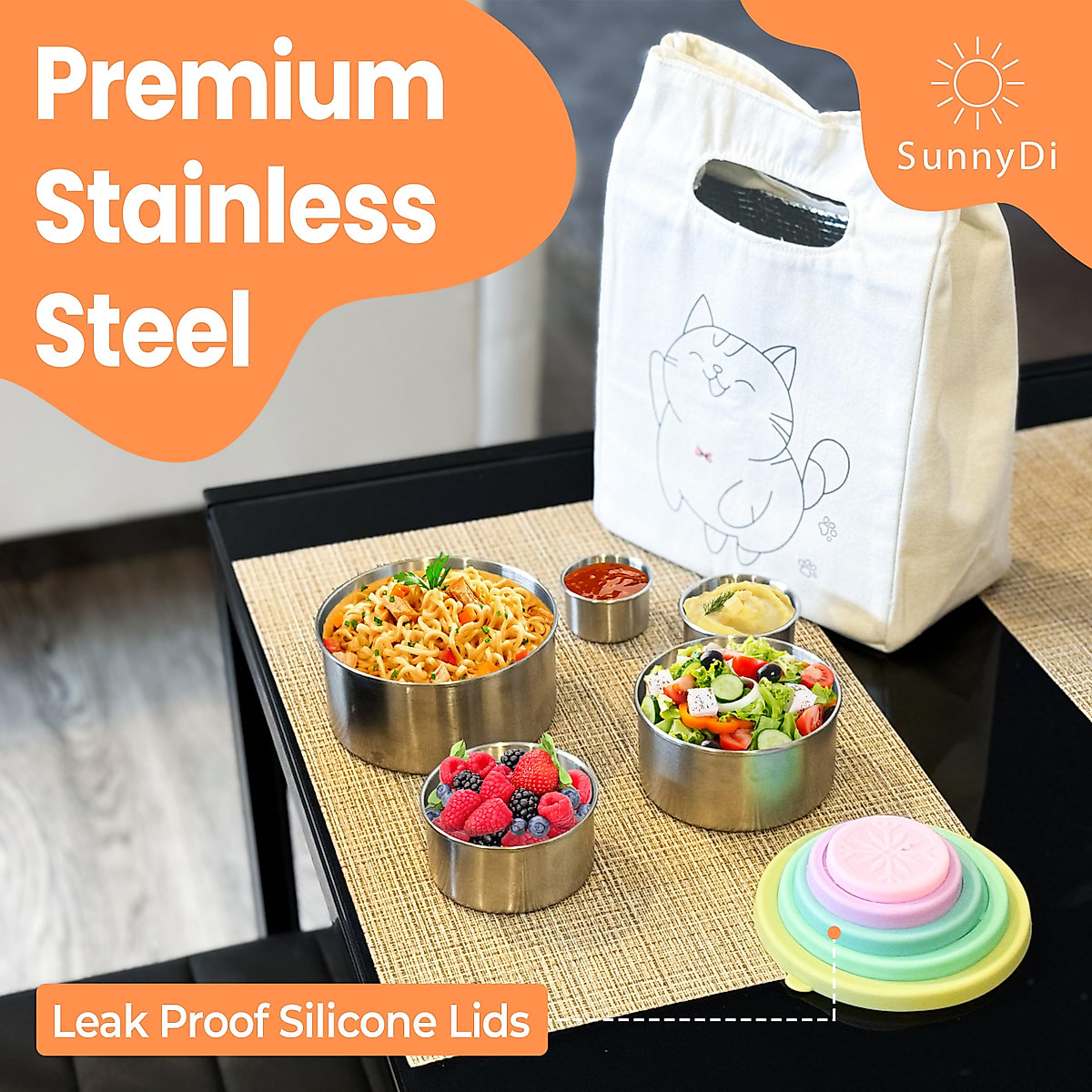 304 Stainless Steel Lunch Box Containers for Kids with Lunch Bag, Leakproof Stainless Steel Round Food Storage Containers with Silicone Lids, Metal and Nesting Snack Containers, Set of 5 sizes, kF033