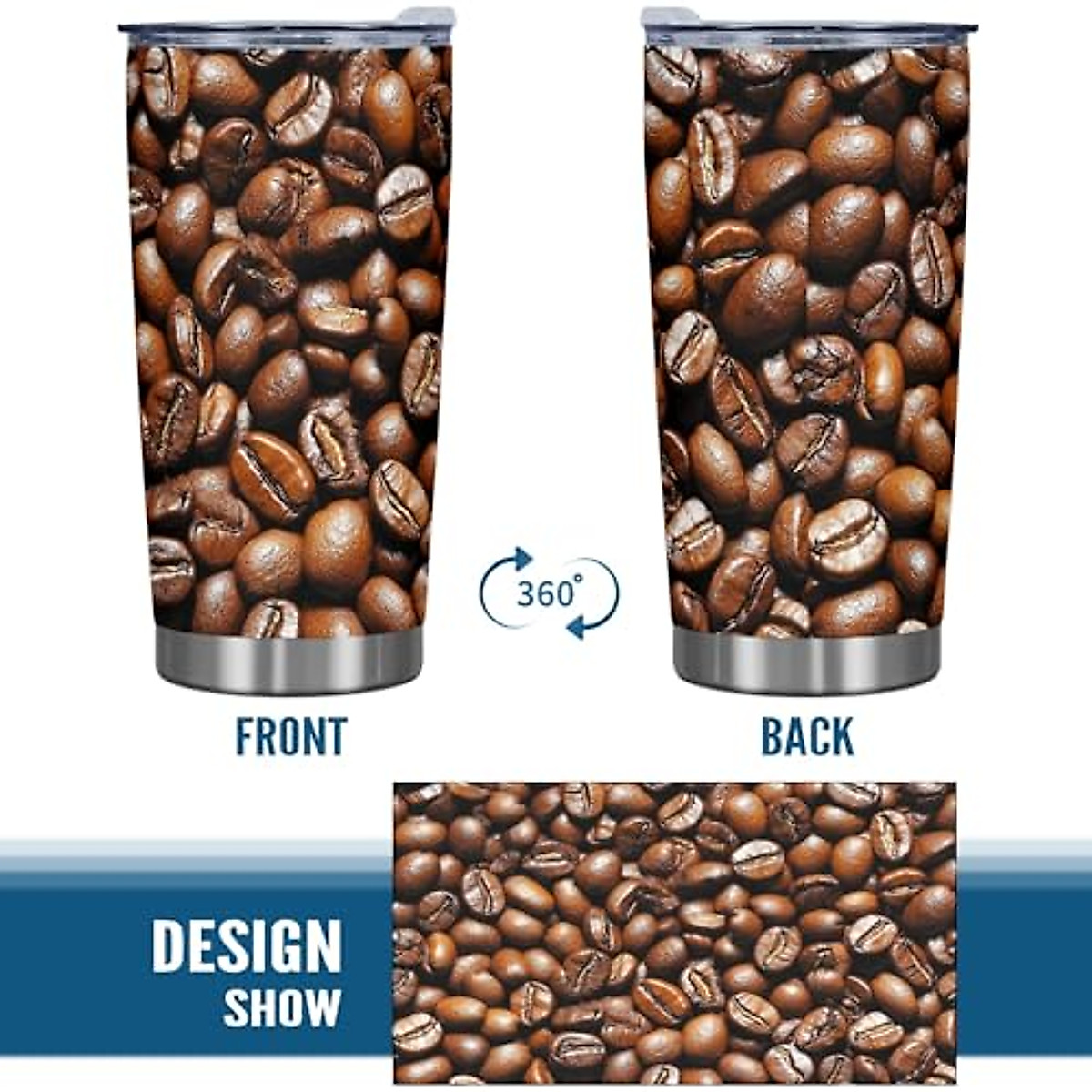 QWEUIOP 20oz Insulated Travel Coffee Mug Coffee Beans Pattern Stainless Steel Tumbler with Lid Double Wall Vacuum Coffee Cup For Hot and Cold Drinks14113