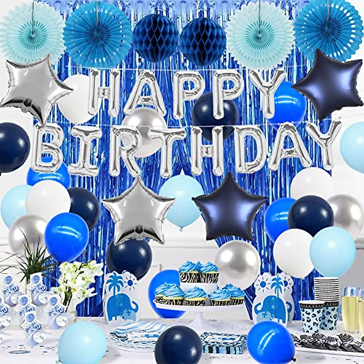 Blue Birthday Decorations Navy Blue Party Supplies Silver Happy Birthday Banner Blue Balloons Foil Fringe Curtain Bday Decor Men Women Boys Girls 13th Sweet 16 18th 21st 25th 30th 40th 50th 60th 70th