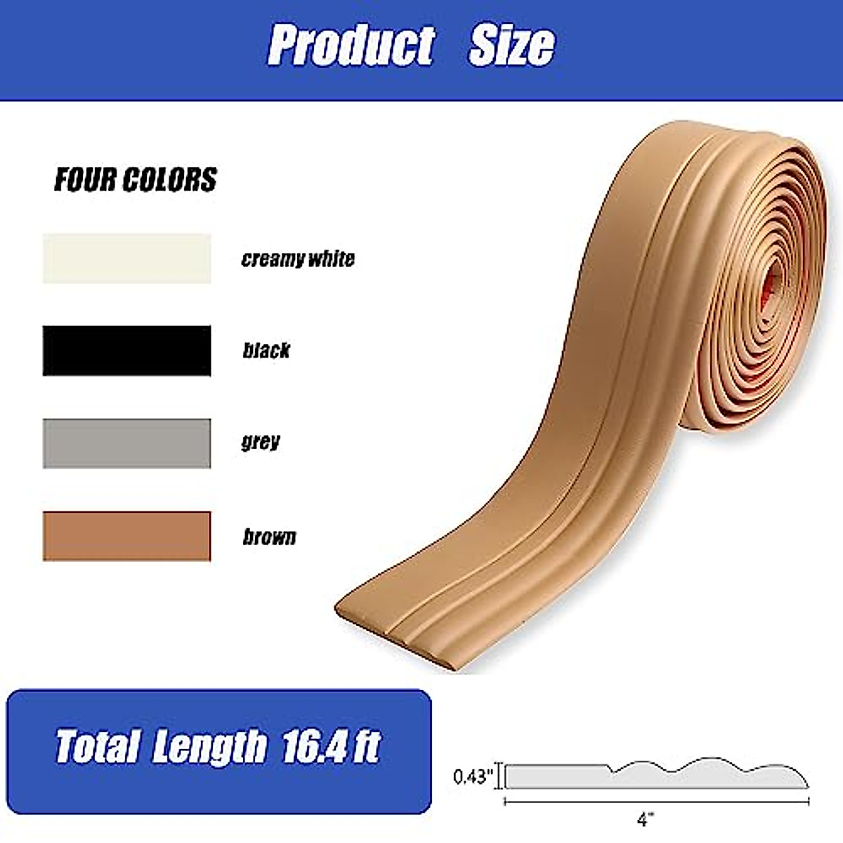 Youyis Flexible Baseboard Molding Trim,4 inch(W) *16.4 ft(L) Peel and Stick Rubber Wall Base Molding Trim, Self Adhesive Soft Foam Wall Baseboards Moulding Trim for Wall Base Cove Base.(Brown)