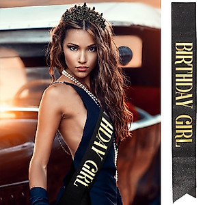 Velscrun Black Crystal Birthday Tiara Crowns for Women Girls Princess Crown with Combs Birthday Girl Headband Sash Happy Birthday Party Decorations Birthday Gift Cake Topper Hair Accessories