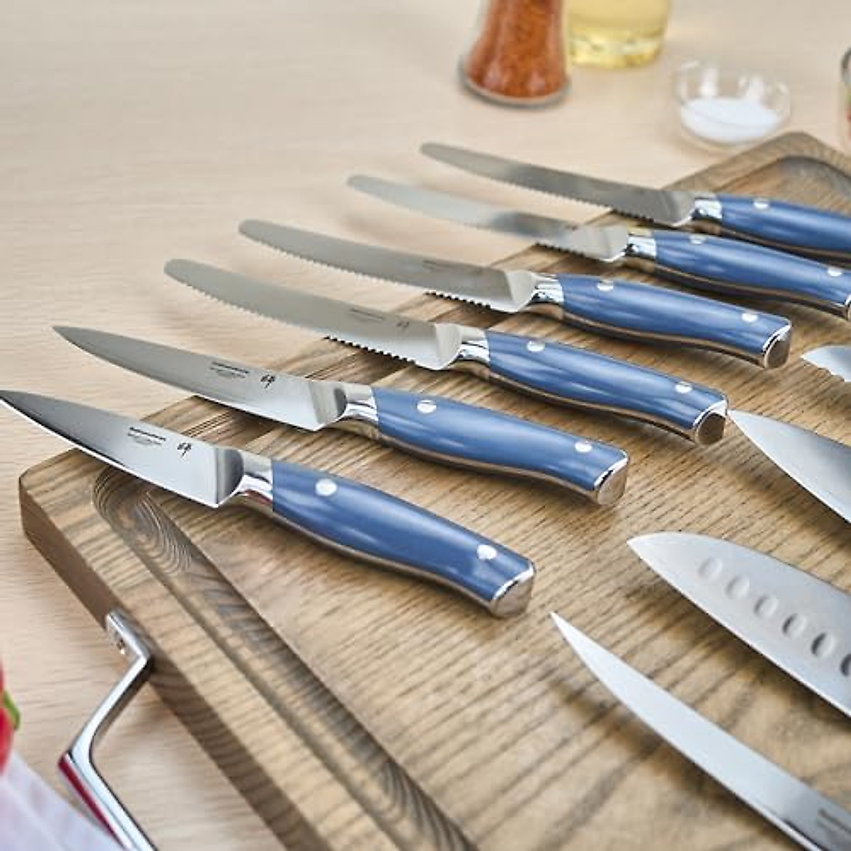 Restaurantware Sensei 10-Piece Knife Set 1 Sharp Professional Knife Set For Chefs - Damascus Steel 67 Layers Blue German Steel Steel Knife Set Ergonomic Handle For Multi Purpose Kitchen Use