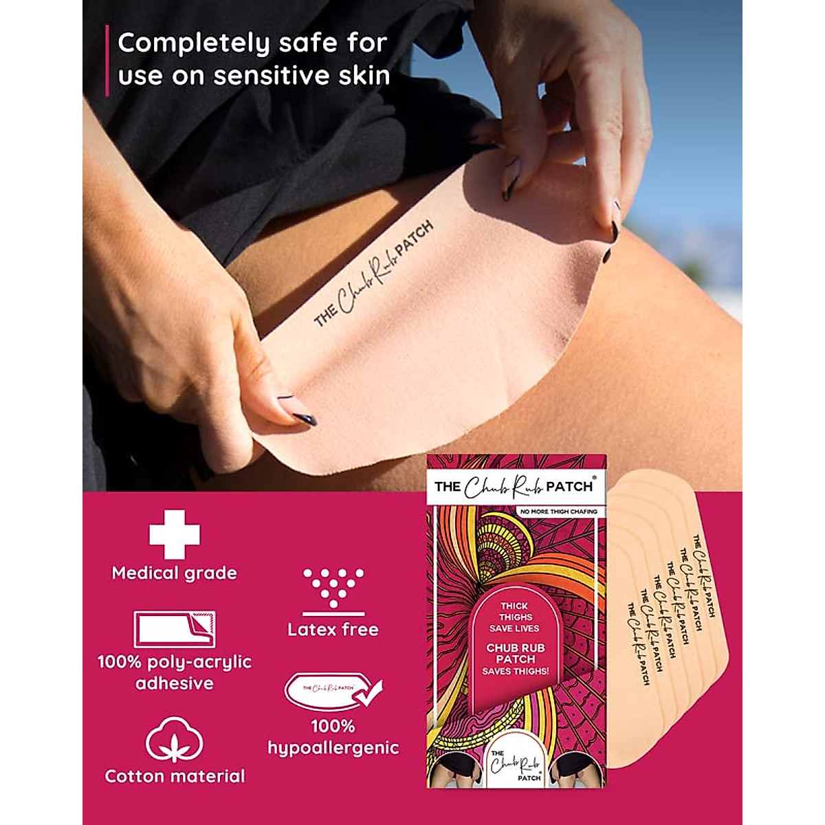 The Chub Rub Patch for Thighs (AS SEEN ON SHARK TANK), Anti Chafe Thigh Chafing Prevention Friction Tape Patches, Anti Chafing Skin Tape for Inner Thigh Rubbing Prevention Women (3 Pairs), Ivory