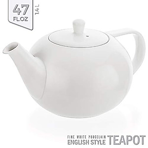 Tealyra - Large White Porcelain Teapot - 47.3-ounce (6-8 cups) - English Modern Style - Teapot with Bee Style Spout Filter To Brew Loose Leaf Tea - Ceramic Brewer Pot - 1400ml
