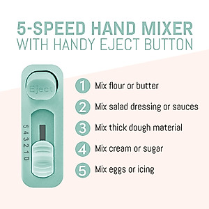 Elite Gourmet EHM003M Maxi-Matic Ultra Power Electric 5-Speed Kitchen Hand Mixer with 2 Extra Wide Stainless Steel Smooth Creamy Whipped Mixtures Plus Convenient, Beater Storage, Mint Blue